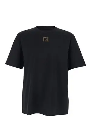 Fendi Crewneck T-shirt With Ff Embroidery On The Front In Cotton - Black