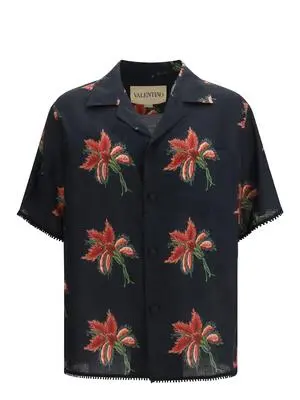 Valentino Garavani Papier Floral Print Linen Bowling Shirt - Black