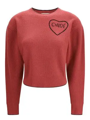 Chloé Cropped Ribbed Wool Cashmere Pullover With Heart Logo - Pink