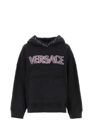 Versace Cotton Oversize Sweatshirt With Embellished Hood - Black