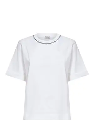 Brunello Cucinelli White Cotton Jersey T-shirt With Shiny Trims - Multicolor