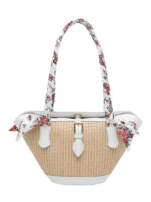 Dolce & Gabbana Raffia Shoulder Bag With Floral Print Scarf - Cream