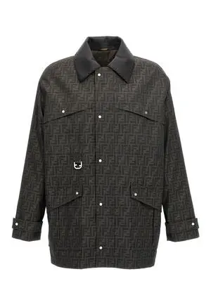 Fendi Ff Jacquard Waxed Fabric Jacket With Leather Collar - Brown