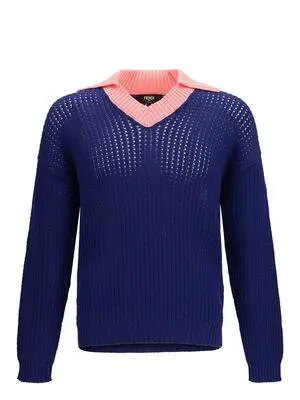 Fendi Ribbed V-neck Sweater With Ff Motif - Blue
