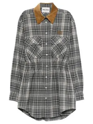 Miu Miu Grey Checkered Cotton Dress With Corduroy Collar - Gray