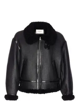 Saint Laurent Shearling Detail Leather Bomber Jacket - Black