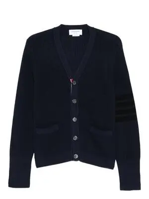 Thom Browne THOM BROWNE Navy Blue Cotton V-Neck Cardigan With Side Stripes Blue
