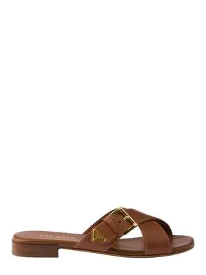 Prada Leather Criss-cross Buckled Flat Sandals - Brown