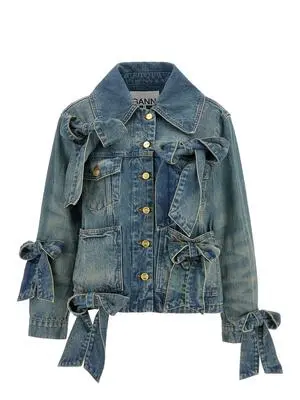 GANNI Light Rigid Denim Jacket With Bow Detail - Blue