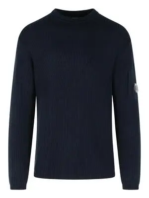 C.P. COMPANY Ribbed Cotton Crew Neck Sweater With Lens Appliqu - Blue