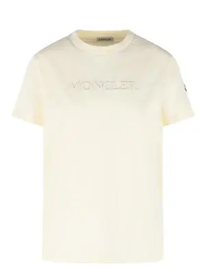 Moncler Cotton T-shirt With Embroidered Logo - Cream