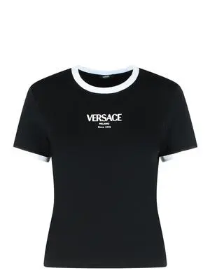 Versace Ribbed Viscose T-shirt With Contrast Logo - Black