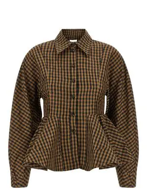 GANNI Crinkled Check Print Taffeta Blouse - Brown