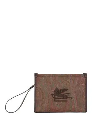 Etro Paisley Print Pegasus Embroidery Wristlet Clutch - Brown