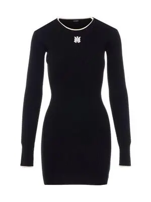 Amiri Long-sleeve Crew Neck Knit Mini Dress With Embroidered Logo - Black