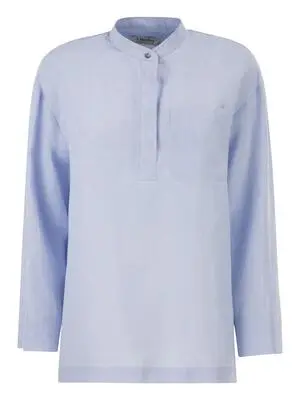 Max Mara S Washed Linen Shirt With Mandarin Collar And Patch Pocket - Blue