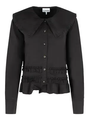 GANNI Cotton Shirt With Ruffle Detailing - Black