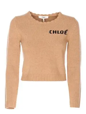 Chloé Embroidered Logo Crew Neck Sweater - Brown