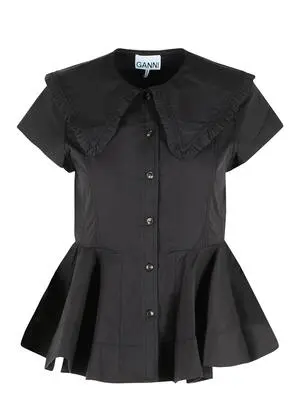 GANNI Cotton Shirt With Wide Rounded Collar And Short Sleeves - Black