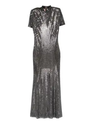 SELF-PORTRAIT Embellished Mock Neck Short Sleeve Maxi Dress - Black