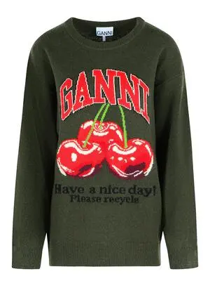 GANNI GANNI Wool Blend Sweater With Cherry Pattern Green