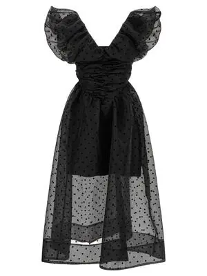 GANNI Organza Ruched Midi Dress With Polka Dot Print - Black
