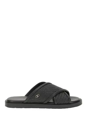 FERRAGAMO Gancini Woven Leather Sandals - Black