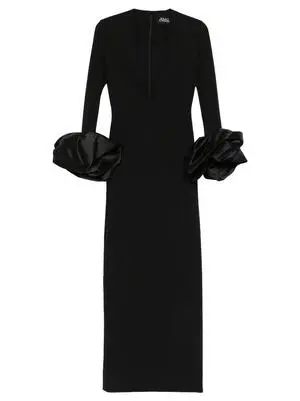 SOLACE LONDON SOLACE LONDON Black V-Neck Midi Dress With Ruffled Cuffs