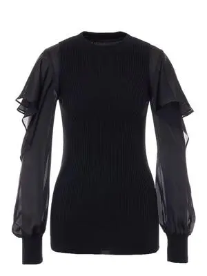 Sacai Satin X Cotton Knit Pullover With Frill Sleeves - Black