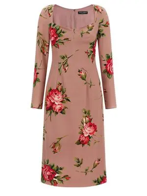 Dolce & Gabbana Bouquet Rose" Print Silk Midi Dress - Pink