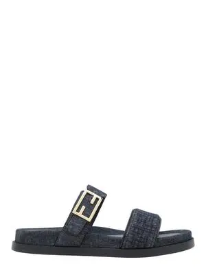 Fendi Dark Denim Slides With Ff Buckle - Blue