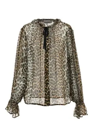 GANNI Leopard Print Chiffon Tie String' Shirt - Brown