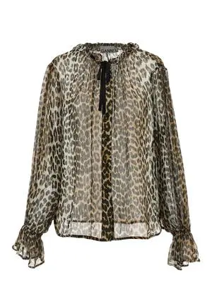 GANNI Leopard Print Chiffon Tie Neck Shirt - Multicolor