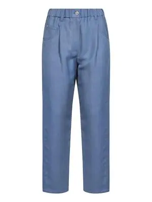 Brunello Cucinelli Light Blue Fluid Twill Baggy Trousers With Monili - Multicolor