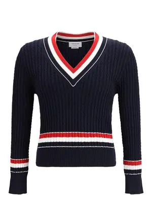 Thom Browne Intarsia Cable-knit V-neck Pullover - Blue