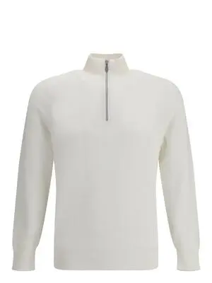 Brunello Cucinelli Ribbed Cotton Quarter Zip High Neck Sweater - White