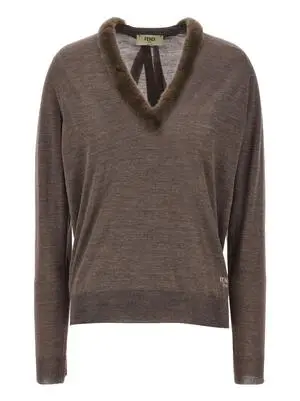 Fendi Wool And Silk V-neck Jumper With Fur Trim And Tie Detail - Brown
