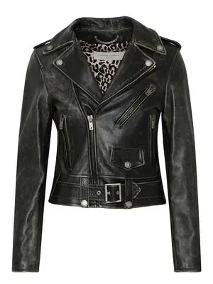 GOLDEN GOOSE Distressed Leather Moto Jacket With Buckle Belt - Black
