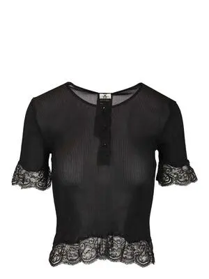 SAINT LAURENT SAINT LAURENT Fitted Silk T-Shirt With Lace Trim
