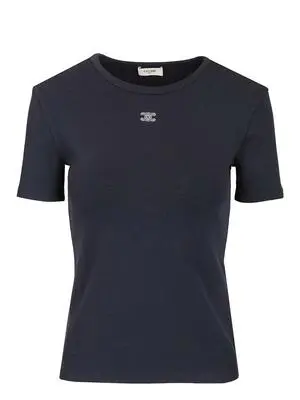 Celine Triomphe Embroidered Ribbed Cotton T-shirt - Blue