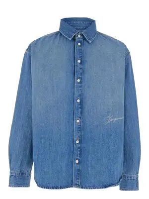 Jacquemus Jacquemus Men 'Simon' Light Blue Shirt With Classic Collar And Logo Lettering Embroidery On The Front In Denim For Men Multicolor