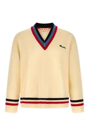 Marni Virgin Wool V-neck Sweater With Logo Embroidery - Cream