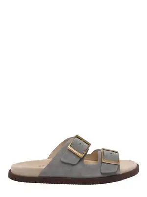 Brunello Cucinelli Suede Slides With Buckled Straps - Gray