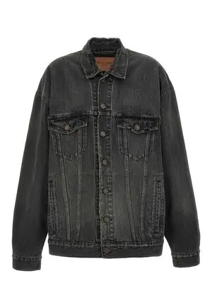 Balenciaga BALENCIAGA Distressed Denim Jacket With Logo Print Gray