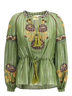 Valentino Garavani Lurex Silk Embroidered Blouse With Tassels - Green