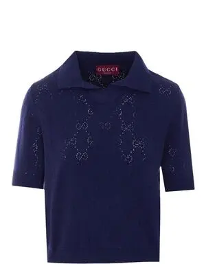 Gucci Pointelle Silk And Cotton Polo With All Over Logo - Blue