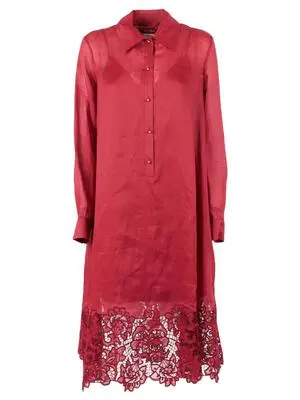 Max Mara Ramie Button-up Dress With Lace Trim - Red