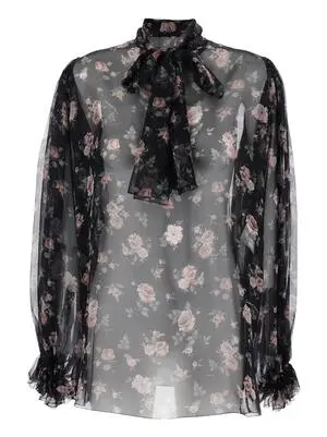 Dolce & Gabbana Black Floral Print Chiffon Blouse With Front Knot - Multicolor