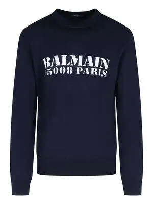 Balmain Merino Wool Sweater With Contrast Logo - Blue