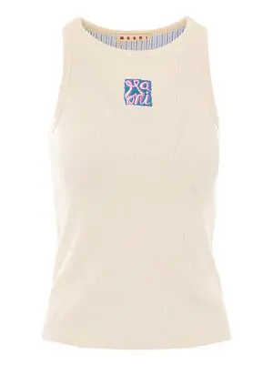Marni Ribbed Crew Neck Sleeveless Top With Embroidered Logo - White